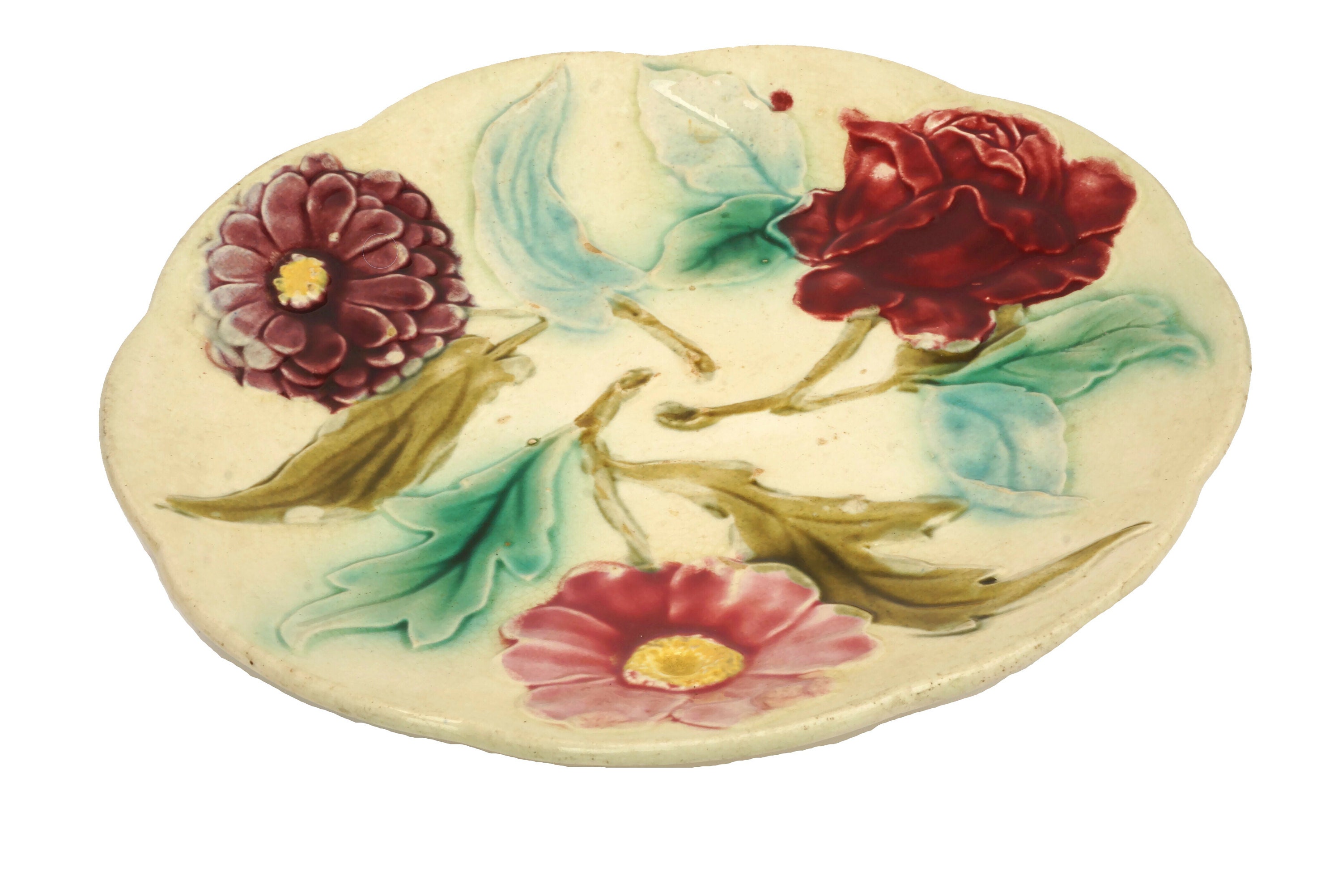 French Antique Majolica Flower Plate with Rose, Dahlia and Daisy ...