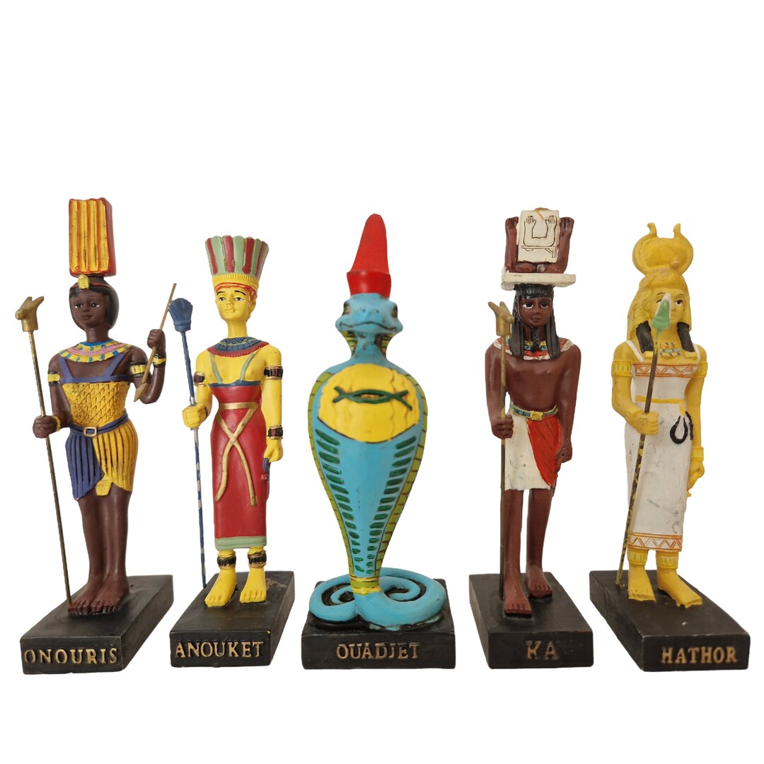 Vintage Egyptian God Figurines, Set of 5 With Onouris, Anouket, Ouadjet ...
