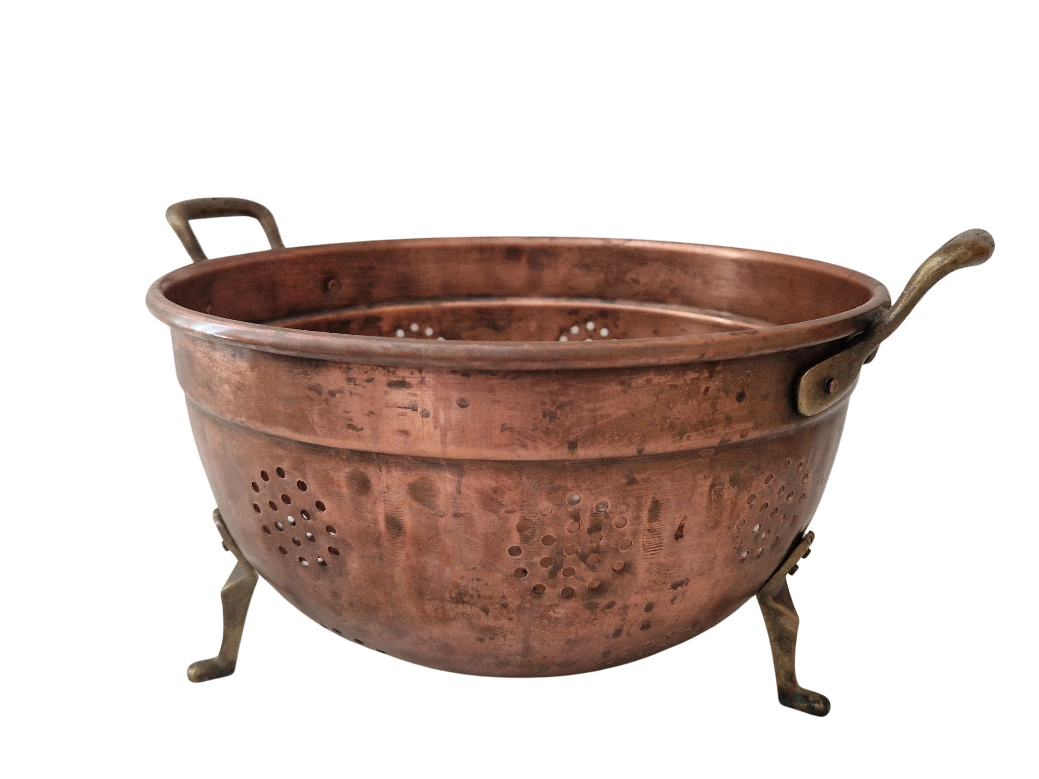 Vintage French Copper and brass Colander, Rustic Farmhouse Kitchen Sieve