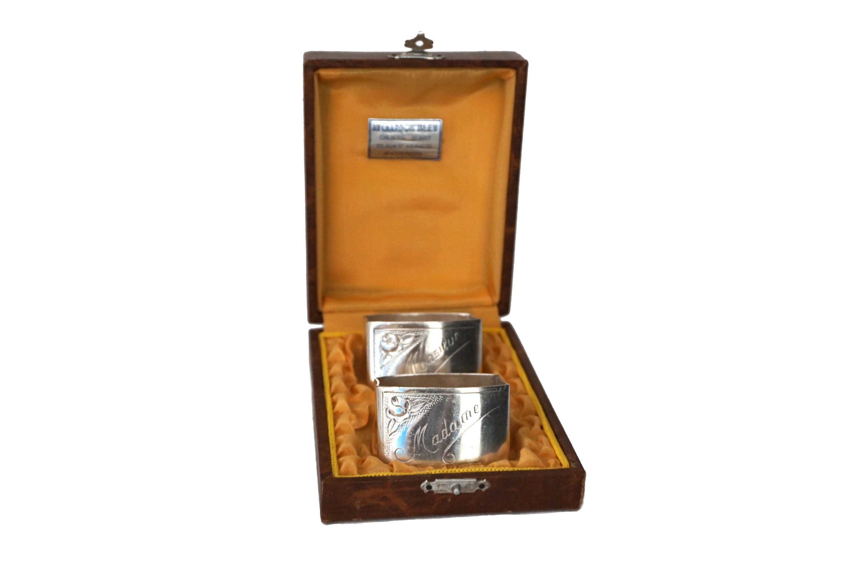 Madame and Monsieur Silver Napkin Rings, Art Deco French Serviette Holders