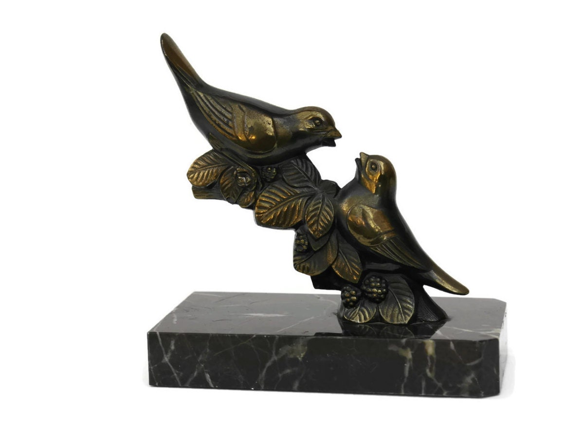 Bird Sculpture on Marble Base. Art Deco Bird Figurine. Vintage Love Birds.
