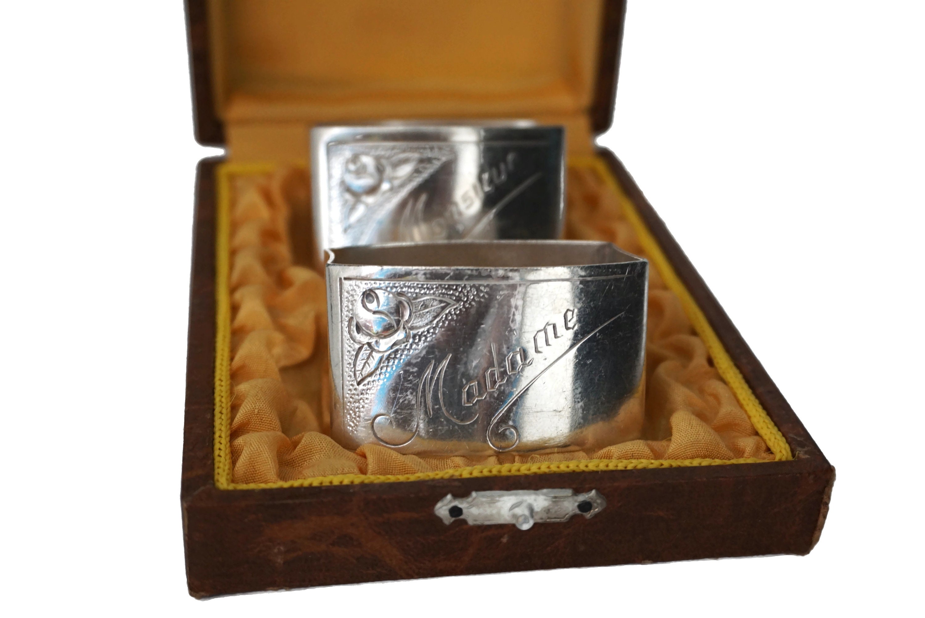 Madame and Monsieur Silver Napkin Rings, Art Deco French Serviette Holders