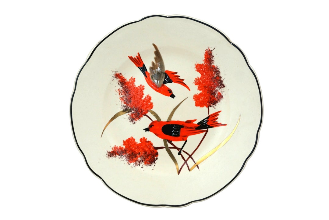 Art Deco Ceramic Plate With Hand Painted Cardinal Birds by - Etsy