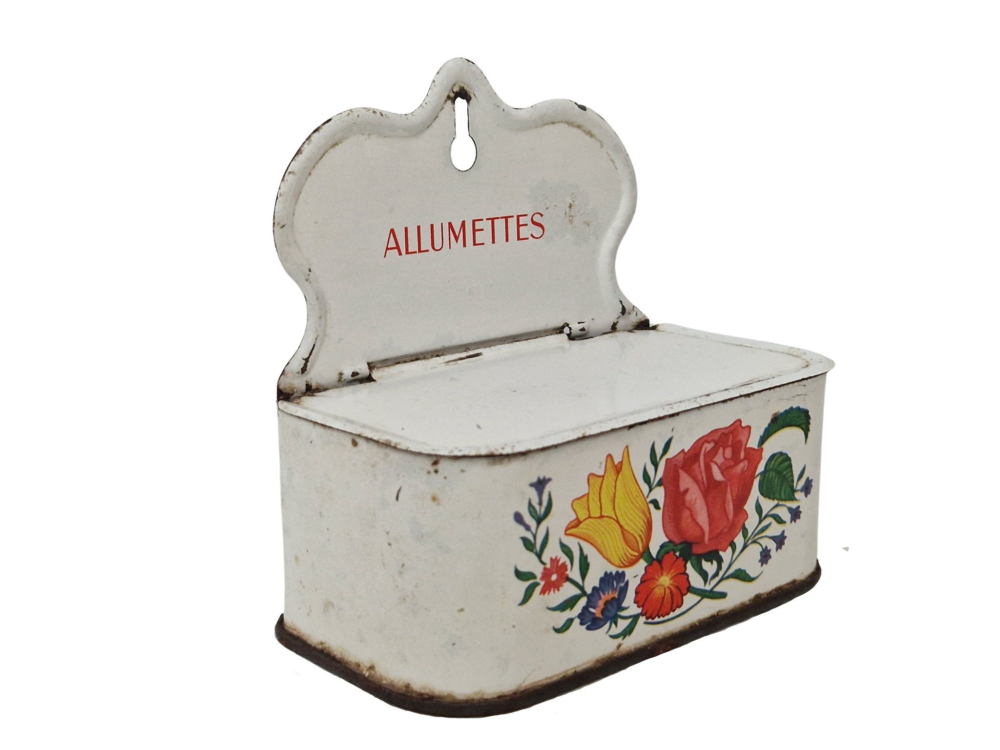 Rustic French Tin Match Box, Allumettes Vintage Country Kitchen Decor
