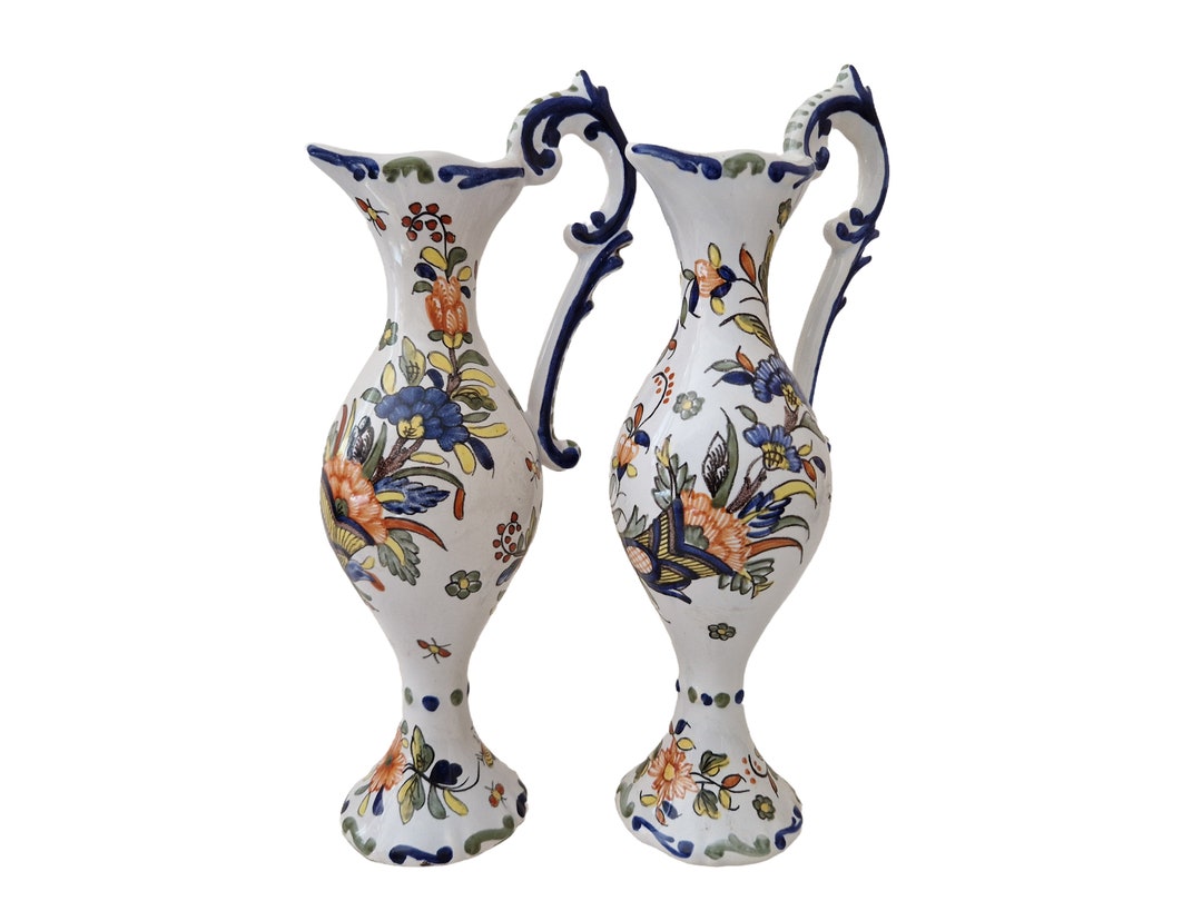 Desvres French Faience Pitchers Set, Pair of Hand Painted Rouen Ceramic Ewer Vases - Etsy