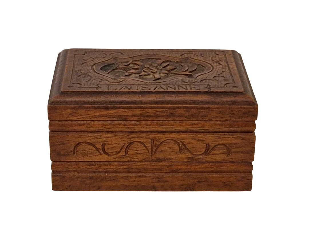 Swiss Black Forest Carved Wood Stamp Box With Edelweiss Flower ...