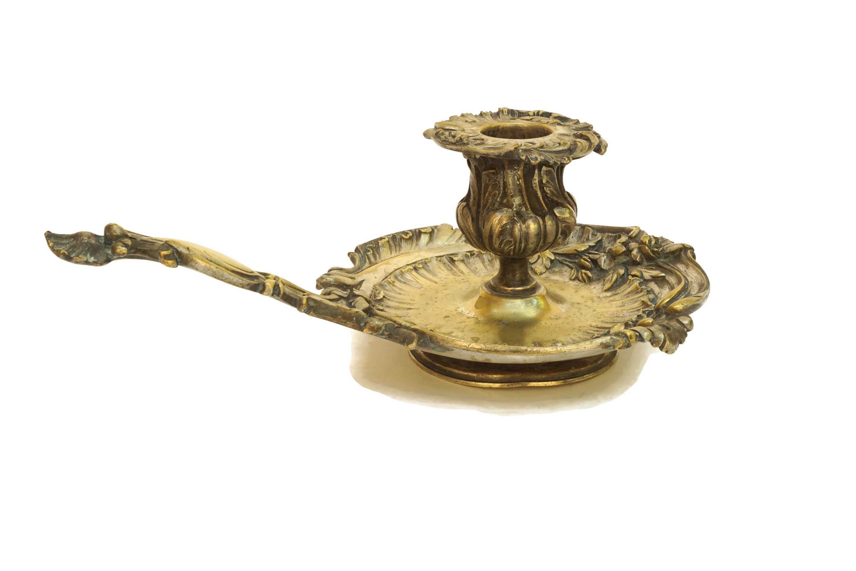 French Antique Candle Holder Chamberstick with Handle, Rococo Candlestick