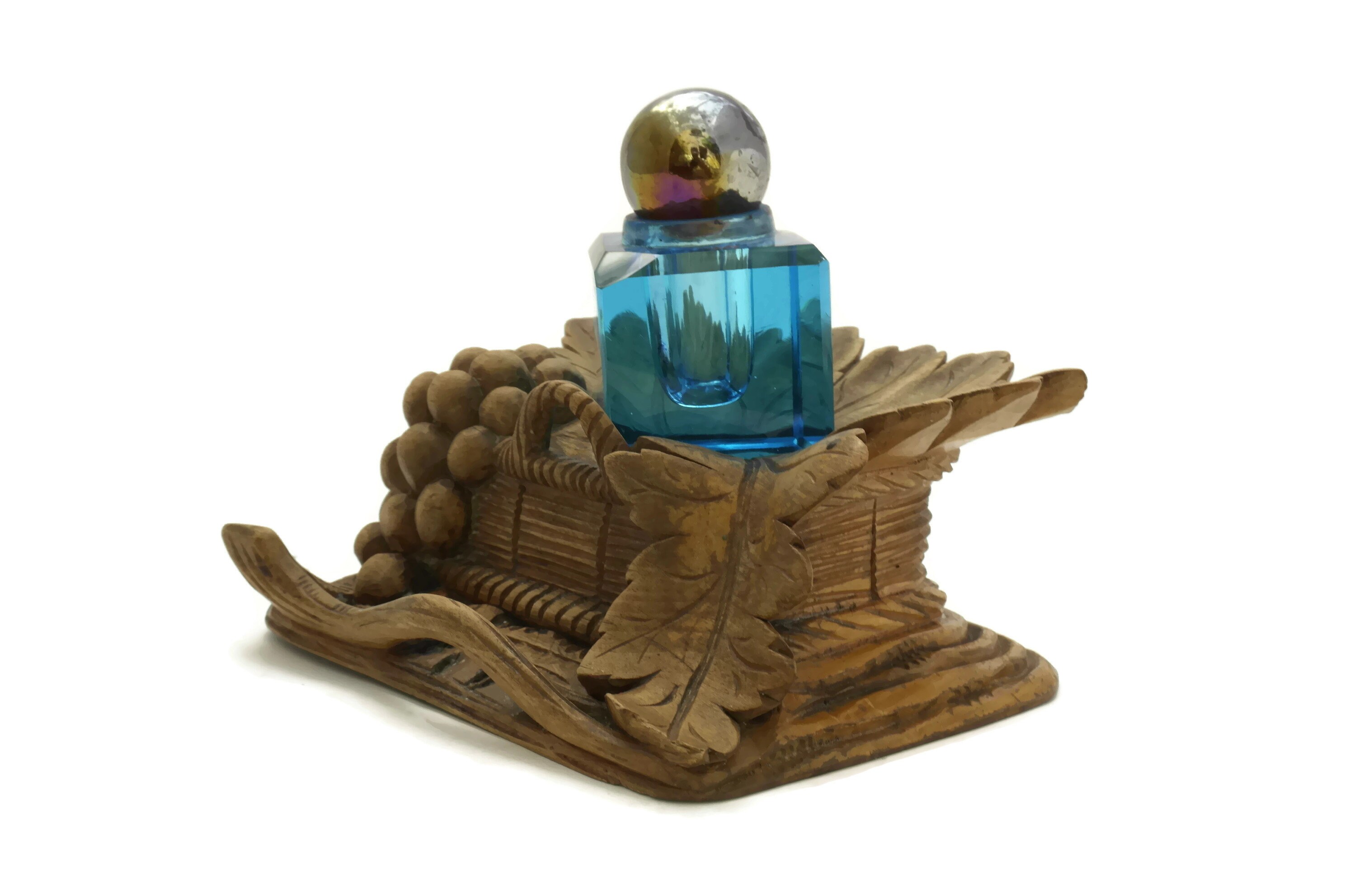 Antique Black Forest Wood Carving Inkwell with Cobalt Blue Crystal Ink Pot