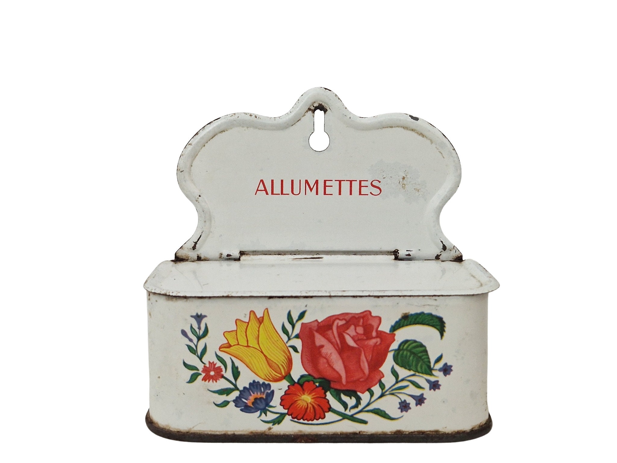 Rustic French Tin Match Box, Allumettes Vintage Country Kitchen Decor