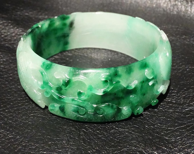 Green Jade Bangle, Carved Wide Jadeite, Natural Emerald Green, 94 Grams ...