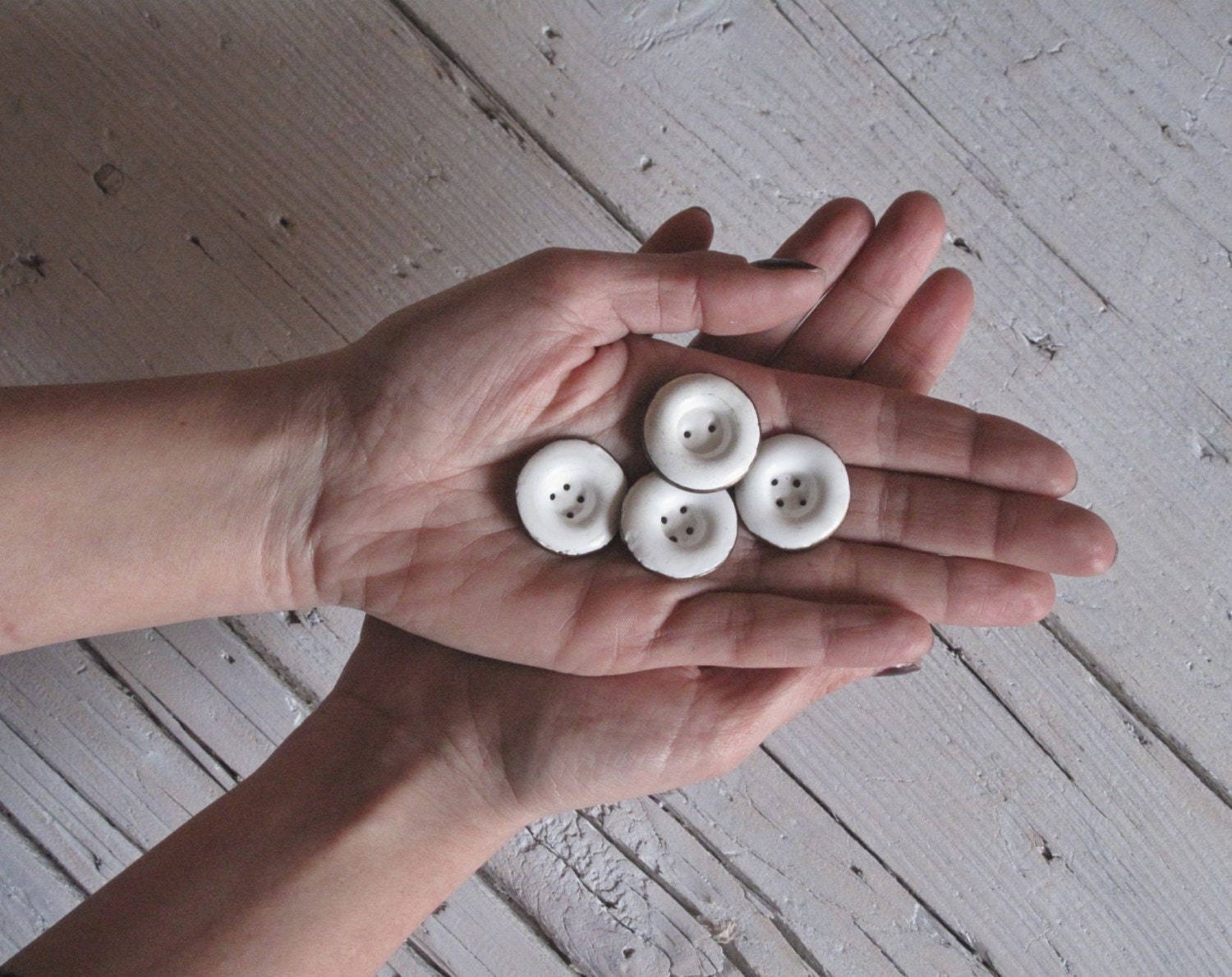 4 Rare Antique Ceramic Buttons – White Porcelain & Bronze Metal ...
