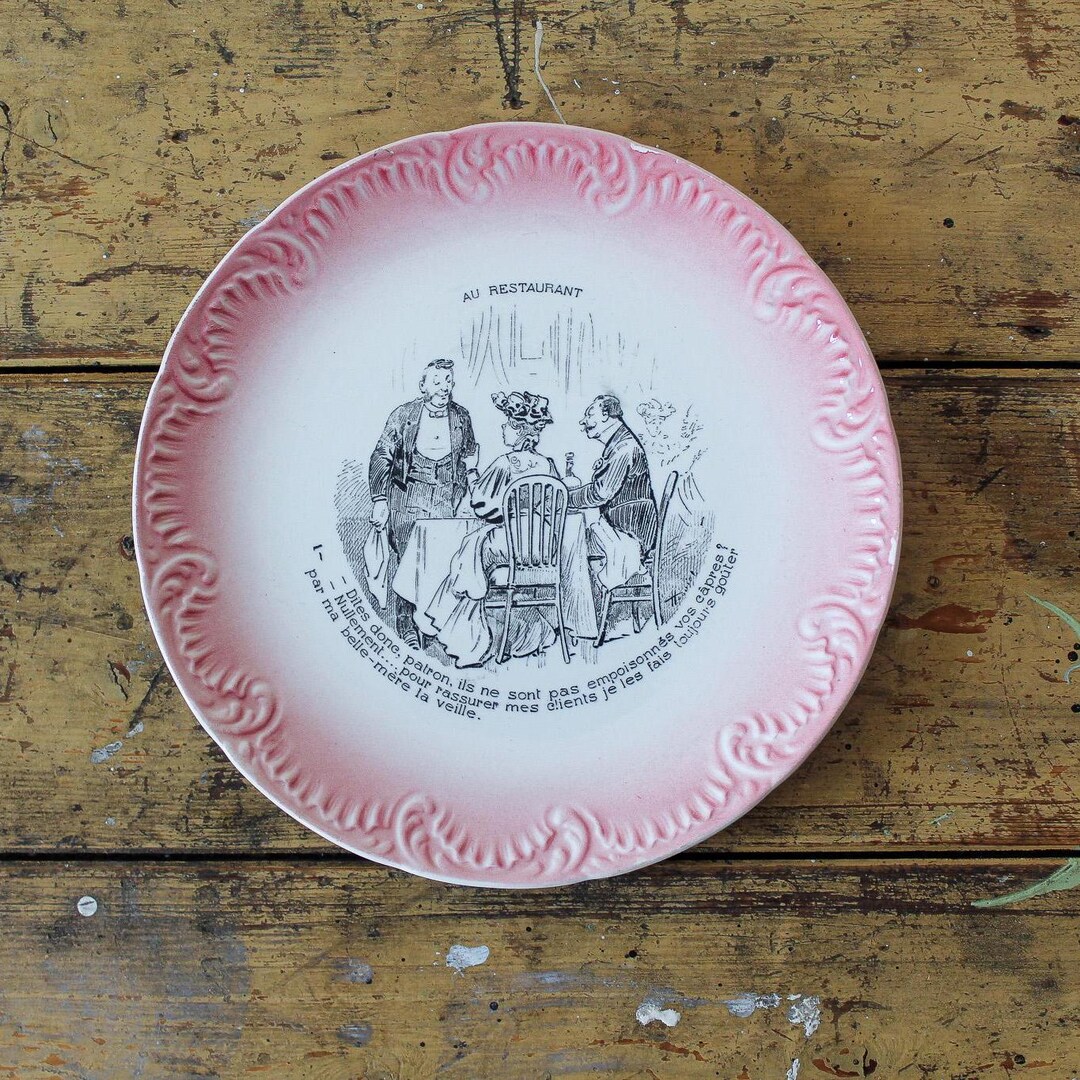 Vintage French Talking Plate "au Restaurant", Antique French Pink ...
