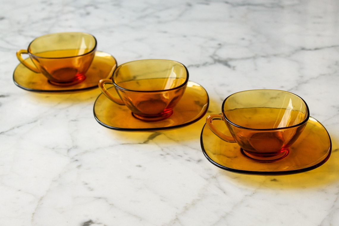 3 Vintage 1970s French Vereco Amber Glass Cups and Saucers - Etsy