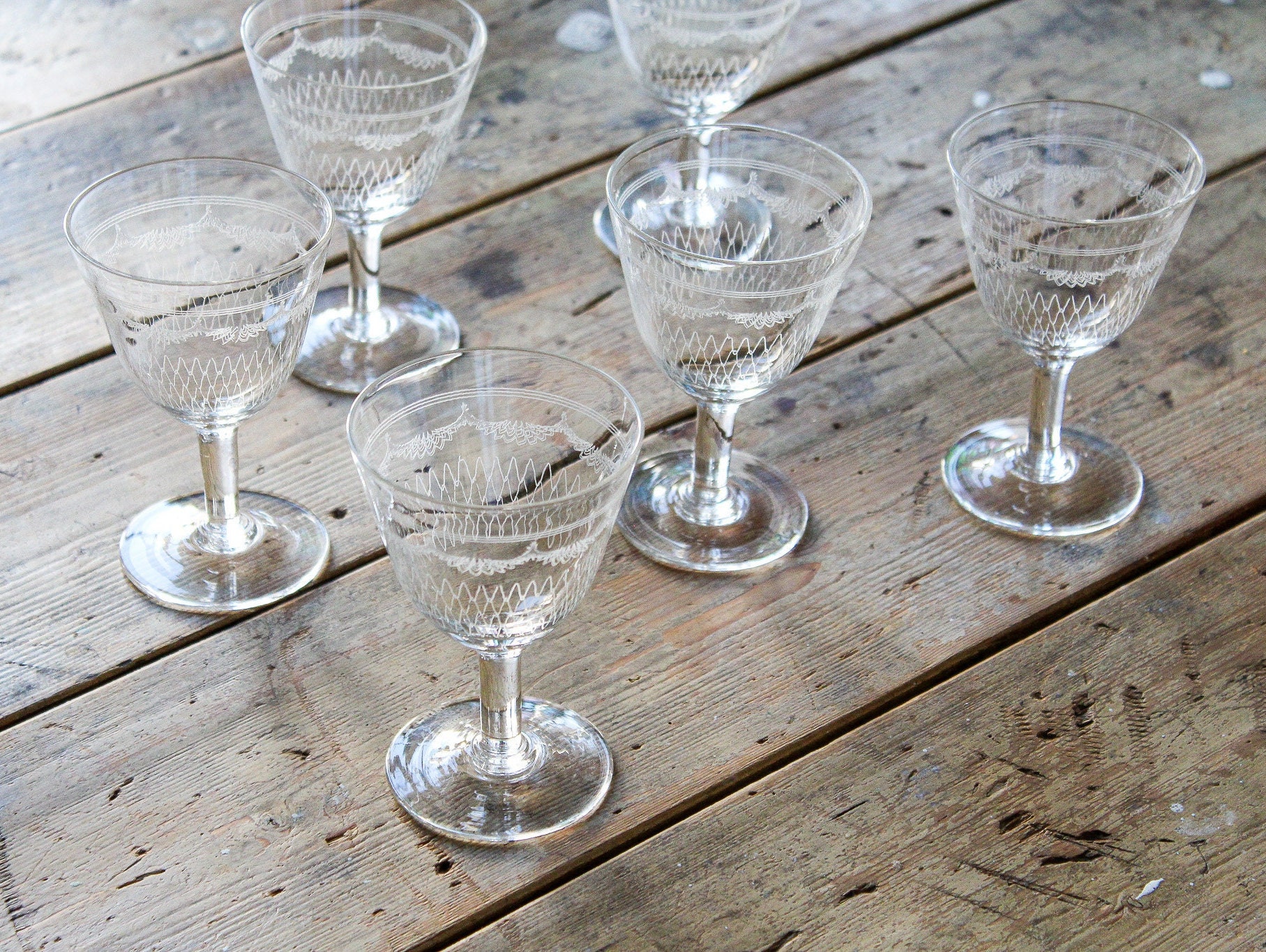 Six Vintage Etched Wine Glasses, Set of 6 Antique Engraved Cocktail ...