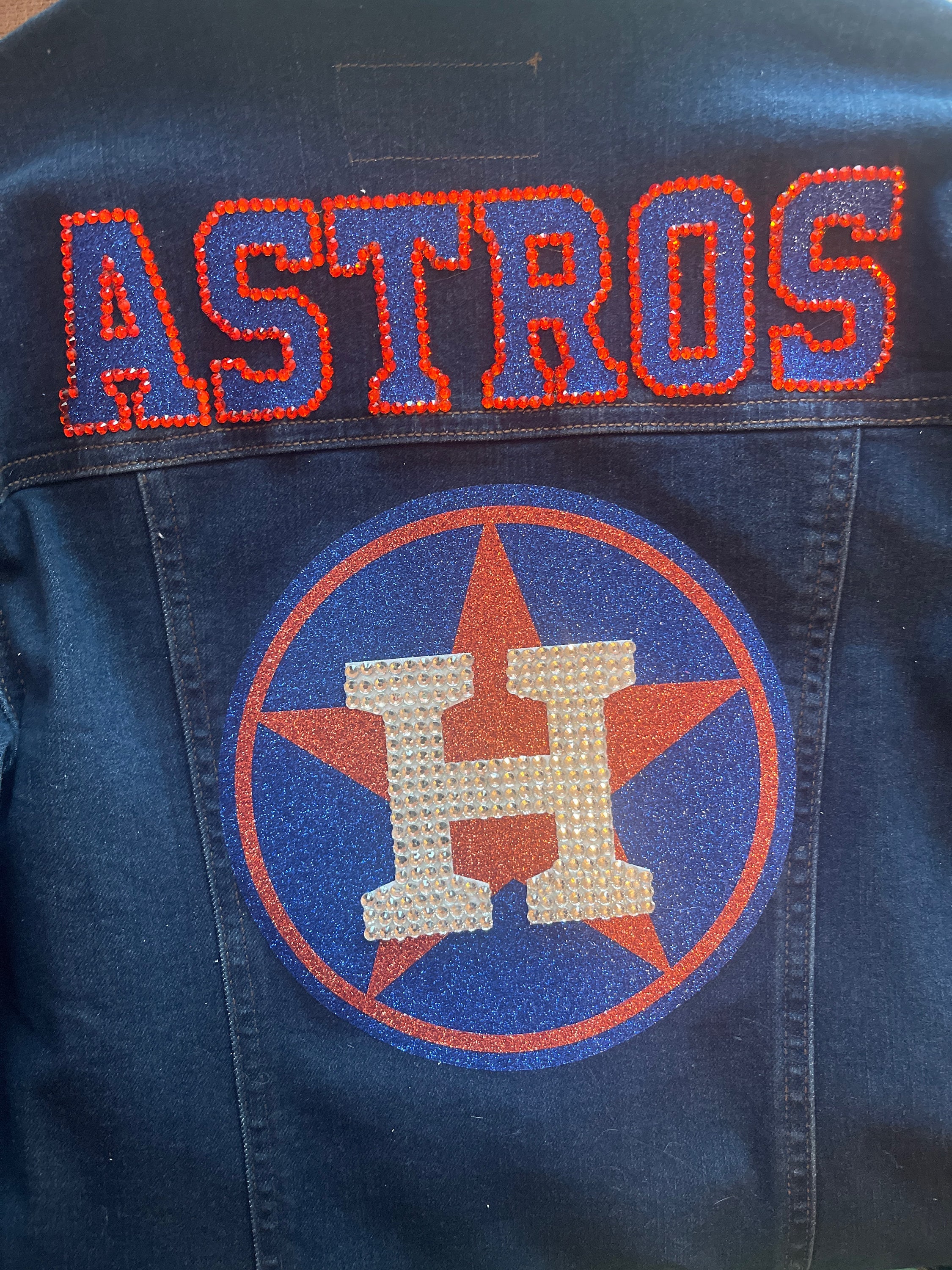 Rhinestone Astros Jean Jacket-dark Denim-custom Made - Etsy