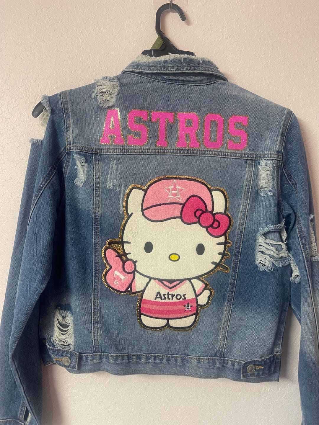 HK Astros Jean Jacket-custom Made Glitter Letters and Hello Kitty Patch ...