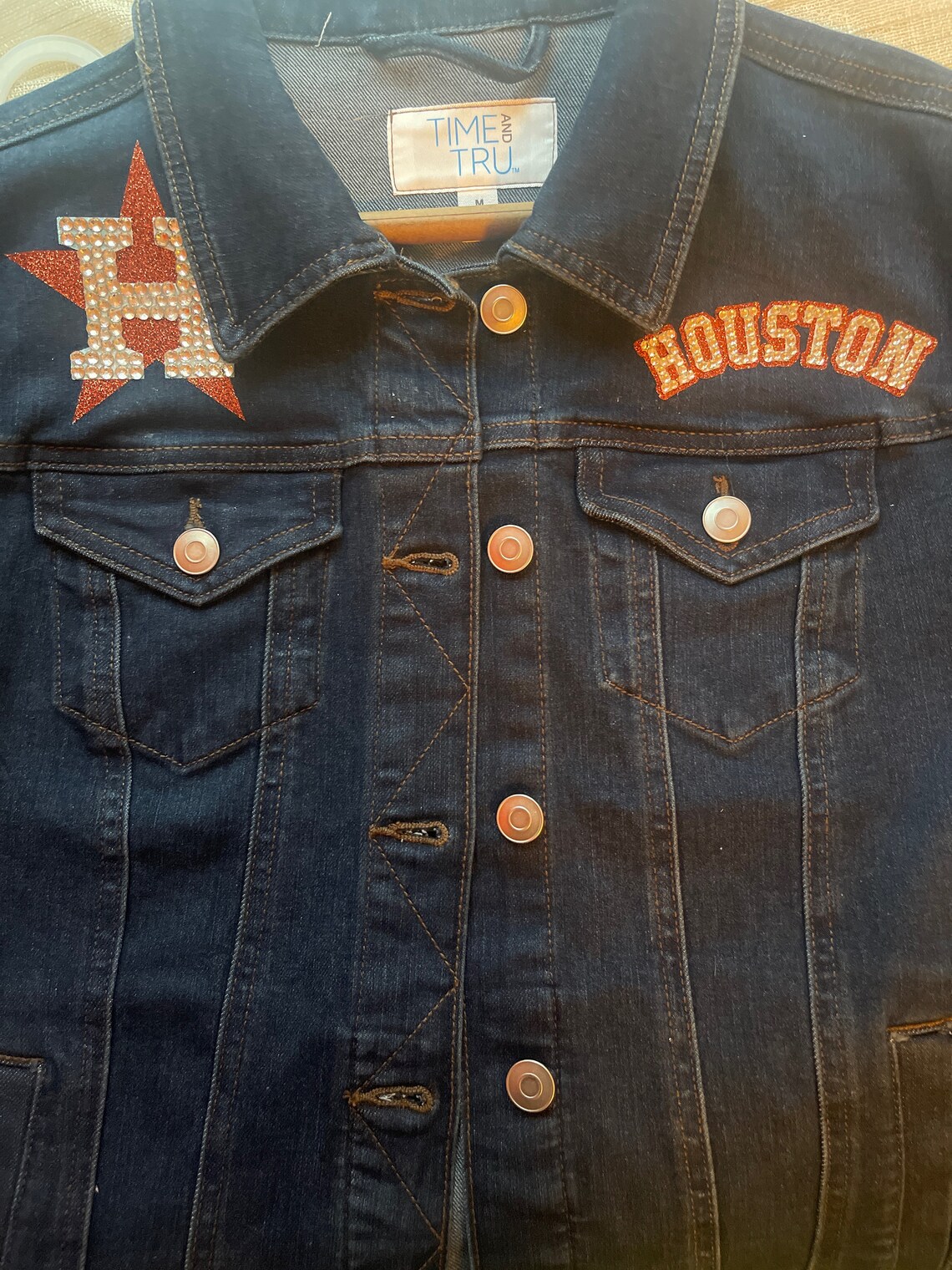 Rhinestone Astros Jean Jacket-dark Denim-custom Made - Etsy