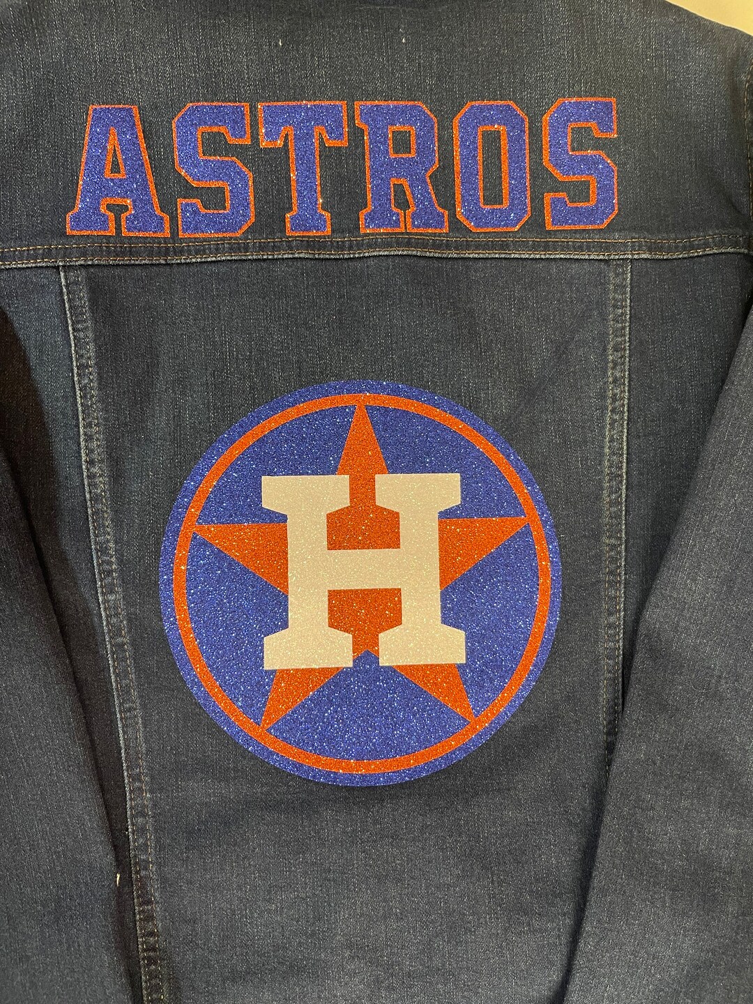 Astros Jean Jacket-custom Made Glitter Letters-dark DENIM - Etsy