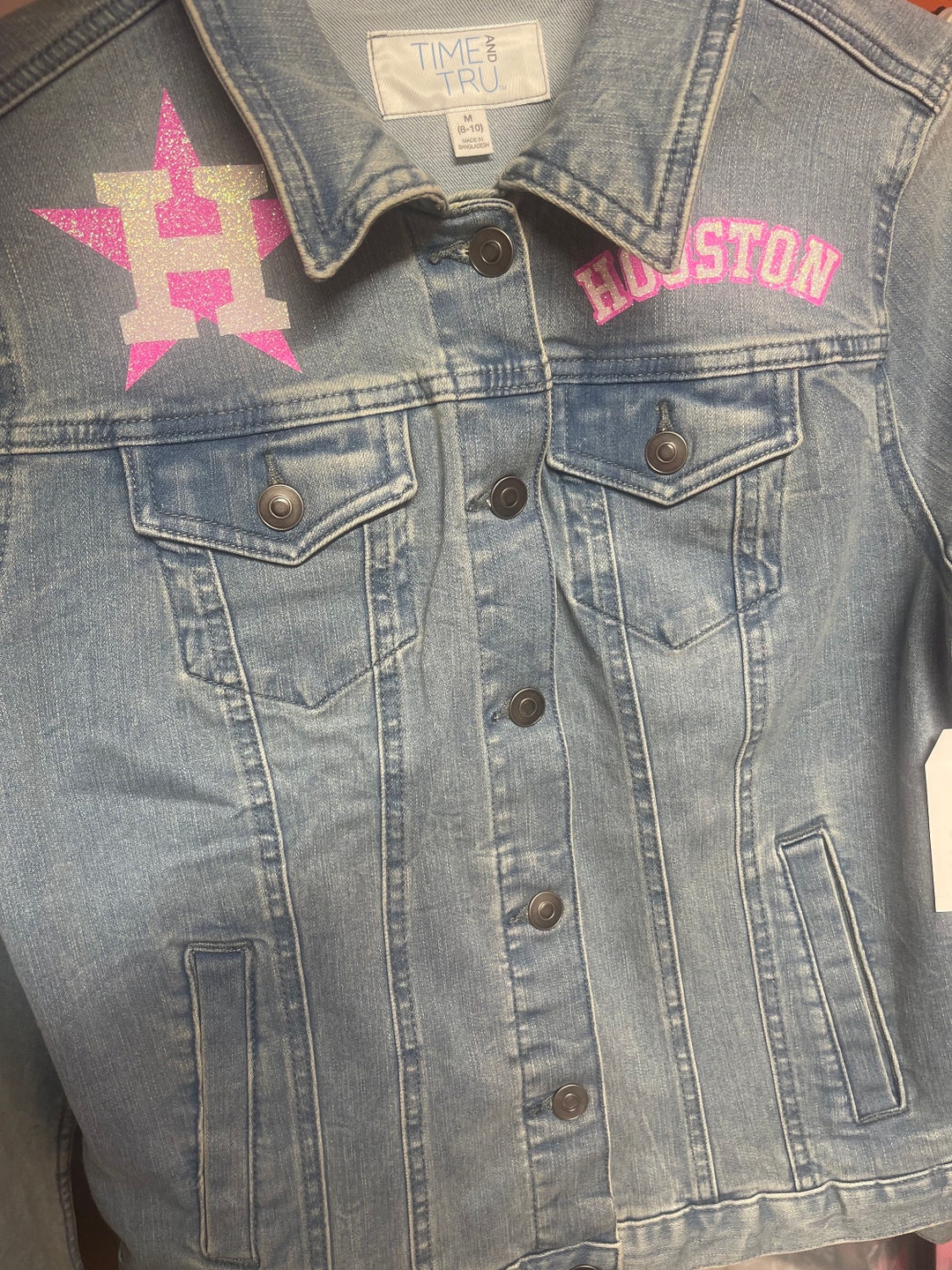 Pink-astros Jean Jacket-custom Made Glitter Letters - Etsy