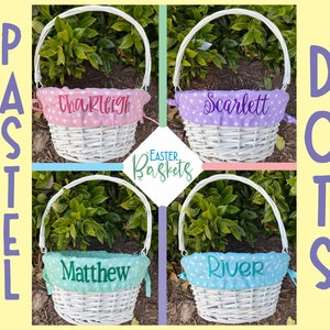 Monogrammed Easter Basket Pastel Dots - Wicker Easter Basket, Easter Egg Basket, Monogram Easter ...