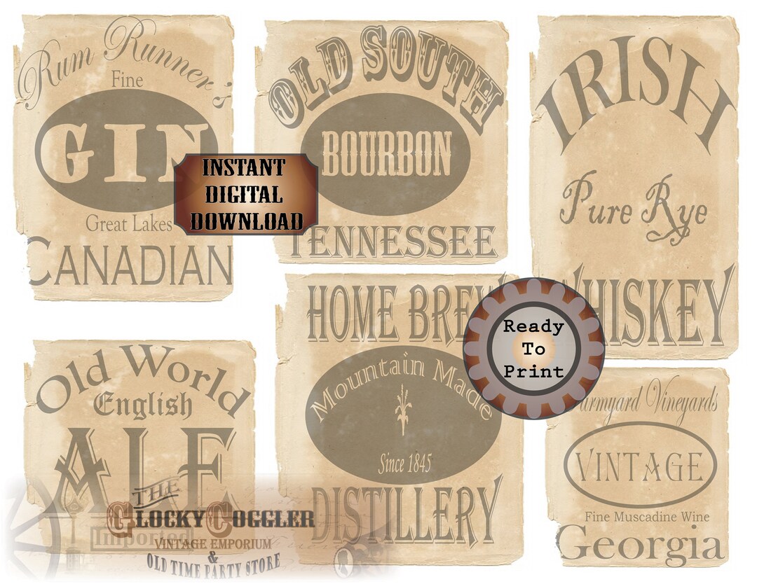 6 Liquor Bottle Labels Printable Bootlegger Prohibition Speakeasy Party ...