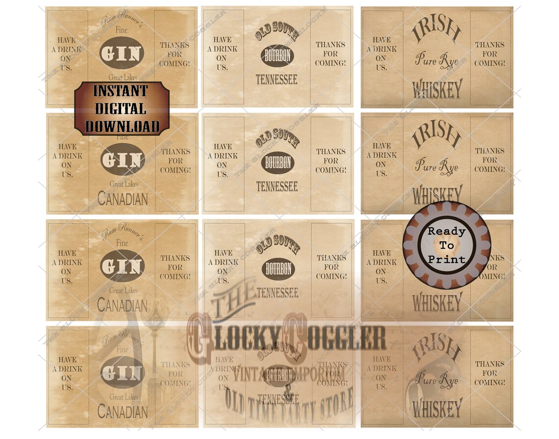 24 Mini Bootlegger Bottle Labels Printable ~ Booze Prohibition ...