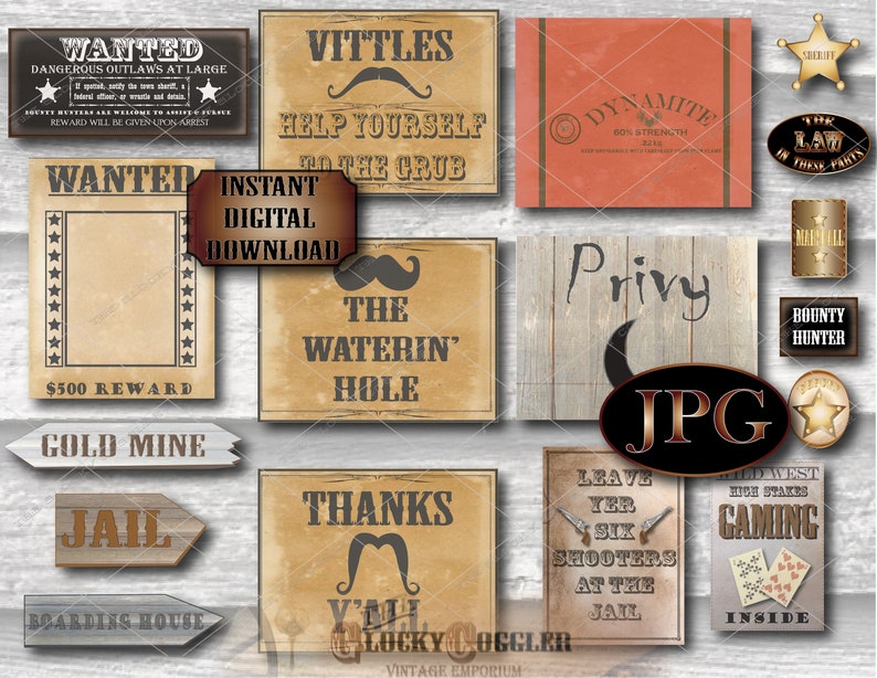 22 Piece Wild West Printable Party Pack ~ WANTED Poster & Sign, Vittles ...