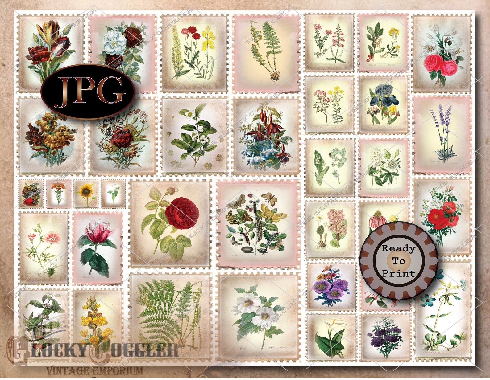 36 Botanical Stamps Printable JPG File Aged Created Journal - Etsy