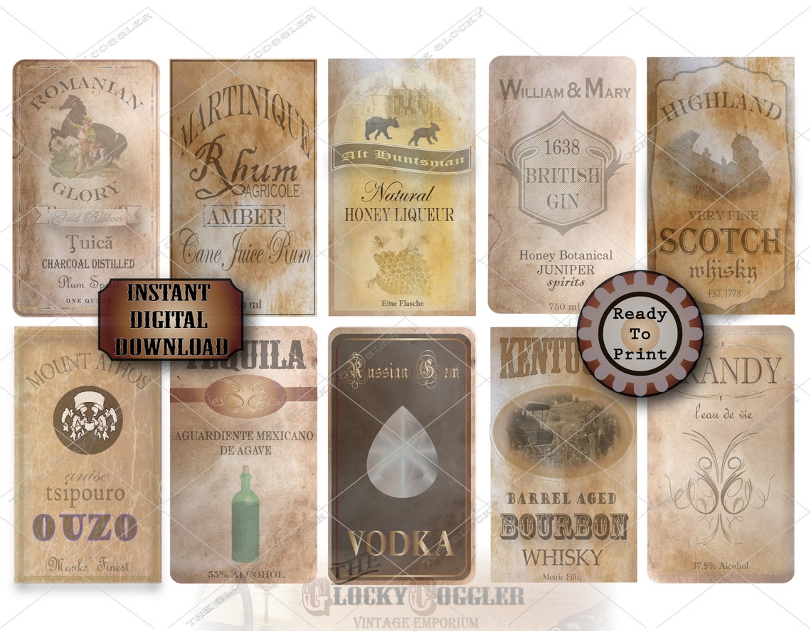 10 Bottle Labels Vintage Style International Printable | Etsy