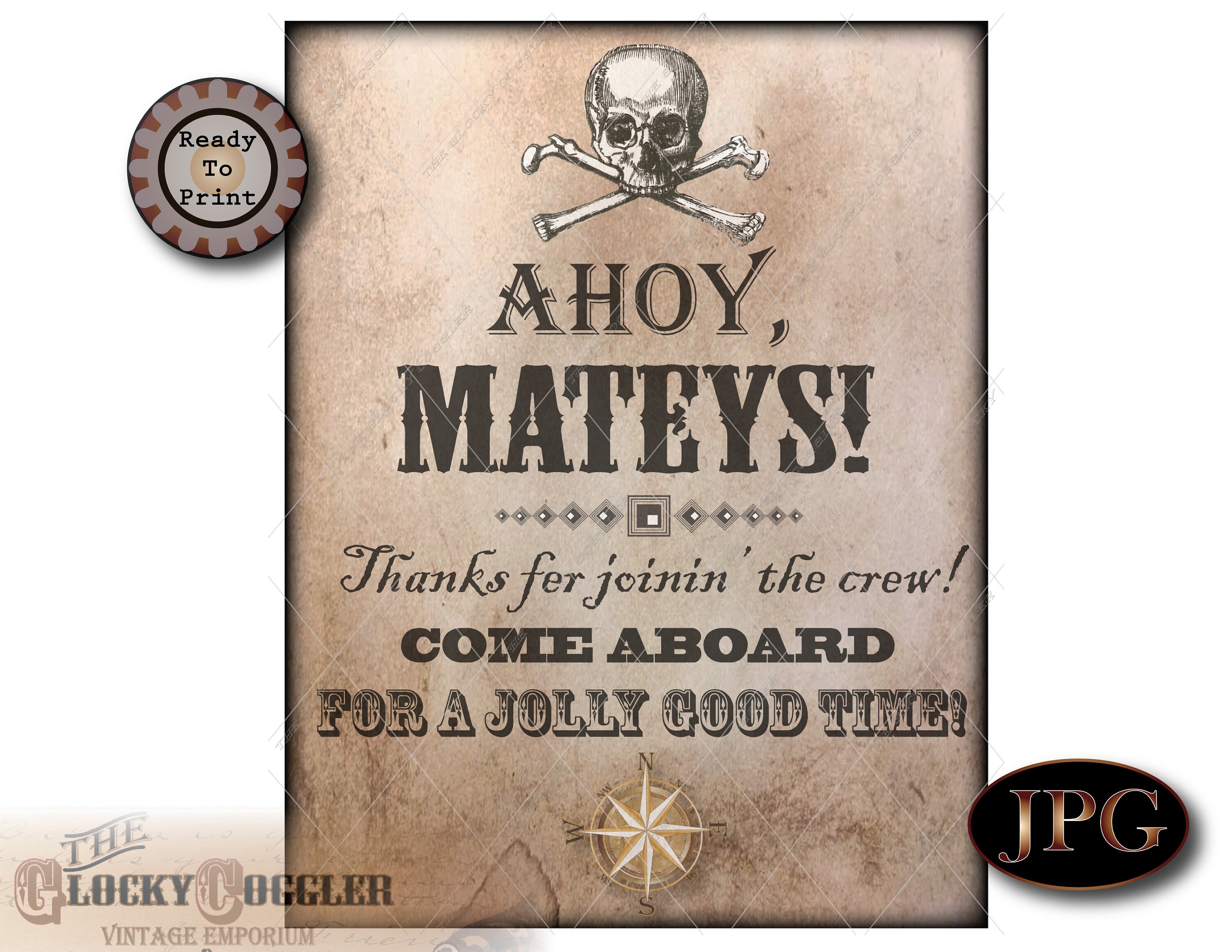 Ahoy Mateys Pirate Printable Sign JPG ~ Skull Crossbones, Compass Rose ...