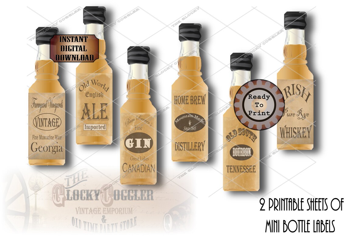 24 Mini Bootlegger Bottle Labels Printable ~ Booze Prohibition ...