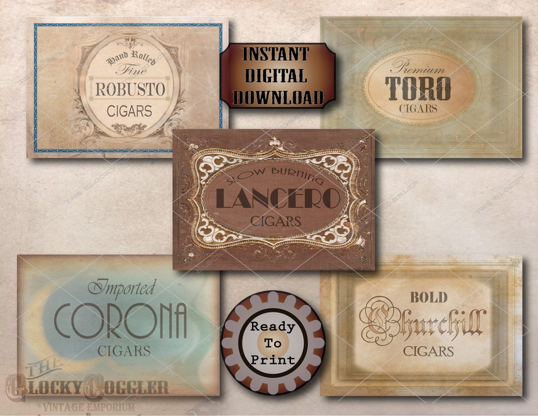 5 CIGAR BOX LABELS Printable Set ~ Whiskey & Cigars Bar Party Crate ...