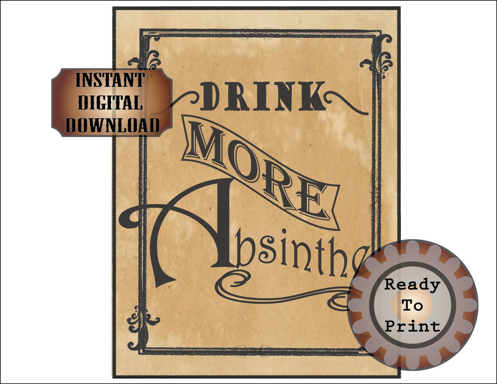 Drink More Absinthe Sign Printable Set Steampunk Aged | Etsy