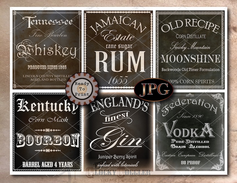 6 Booze Bottle Labels Printable JPG Sheet Liquor Rebellion & - Etsy