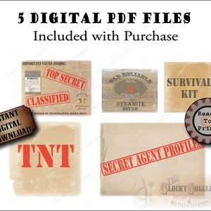 5 Pdfs ESCAPE ROOM PARTY Crate Labels Spy Secret Agent Detective Murder ...