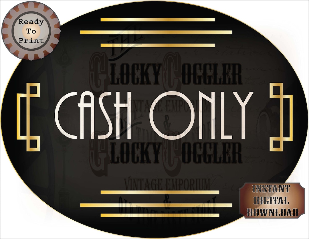 Cash Only Sign Digital JPG ~ Oval Roaring 20s Prohibition Art Deco ...