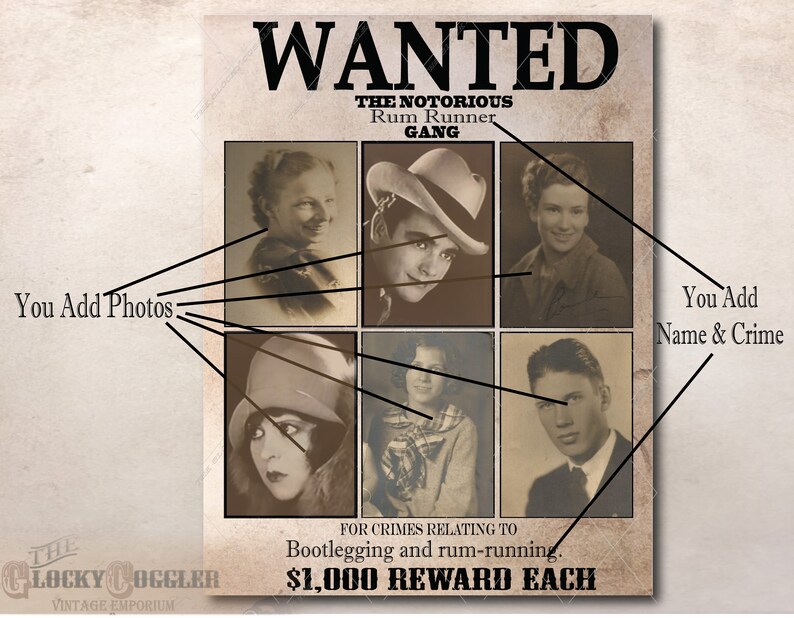 6 Gang WANTED Sign Printable ~ 2.5x3.5" Blank Pictures Area ...