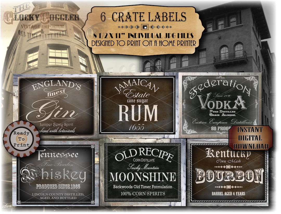 6 Booze Crate Labels Printable Set JPG Files ~ Liquor Rebellion & Civil ...