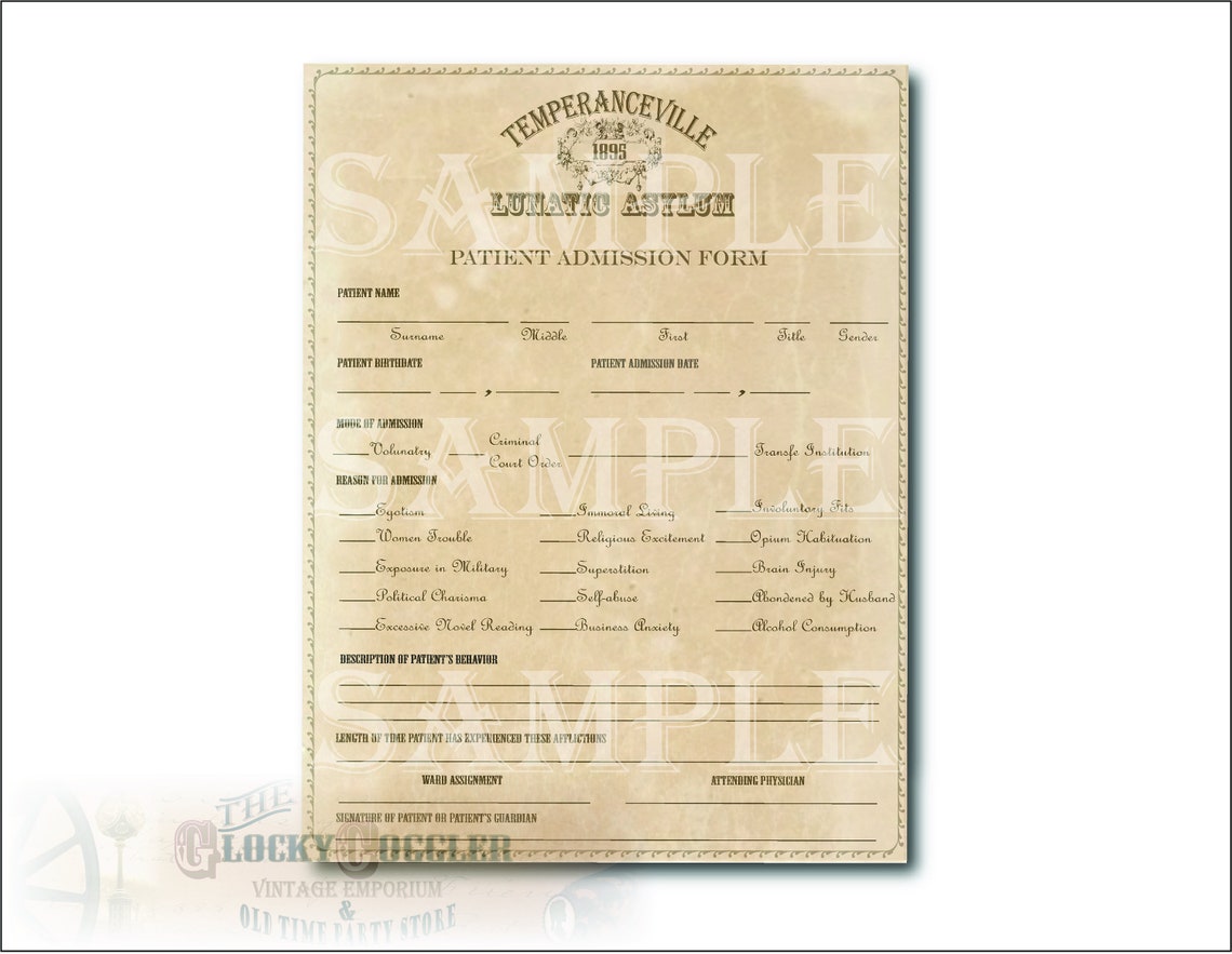 Asylum Admission Form Printable Digital File Party Prop ...