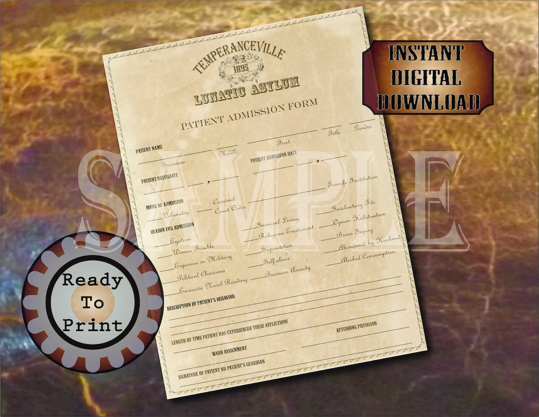 Asylum Admission Form Printable Digital File Party Prop ...