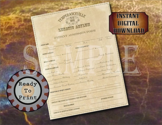 Asylum Admission Form Printable Digital File Party Prop | Etsy