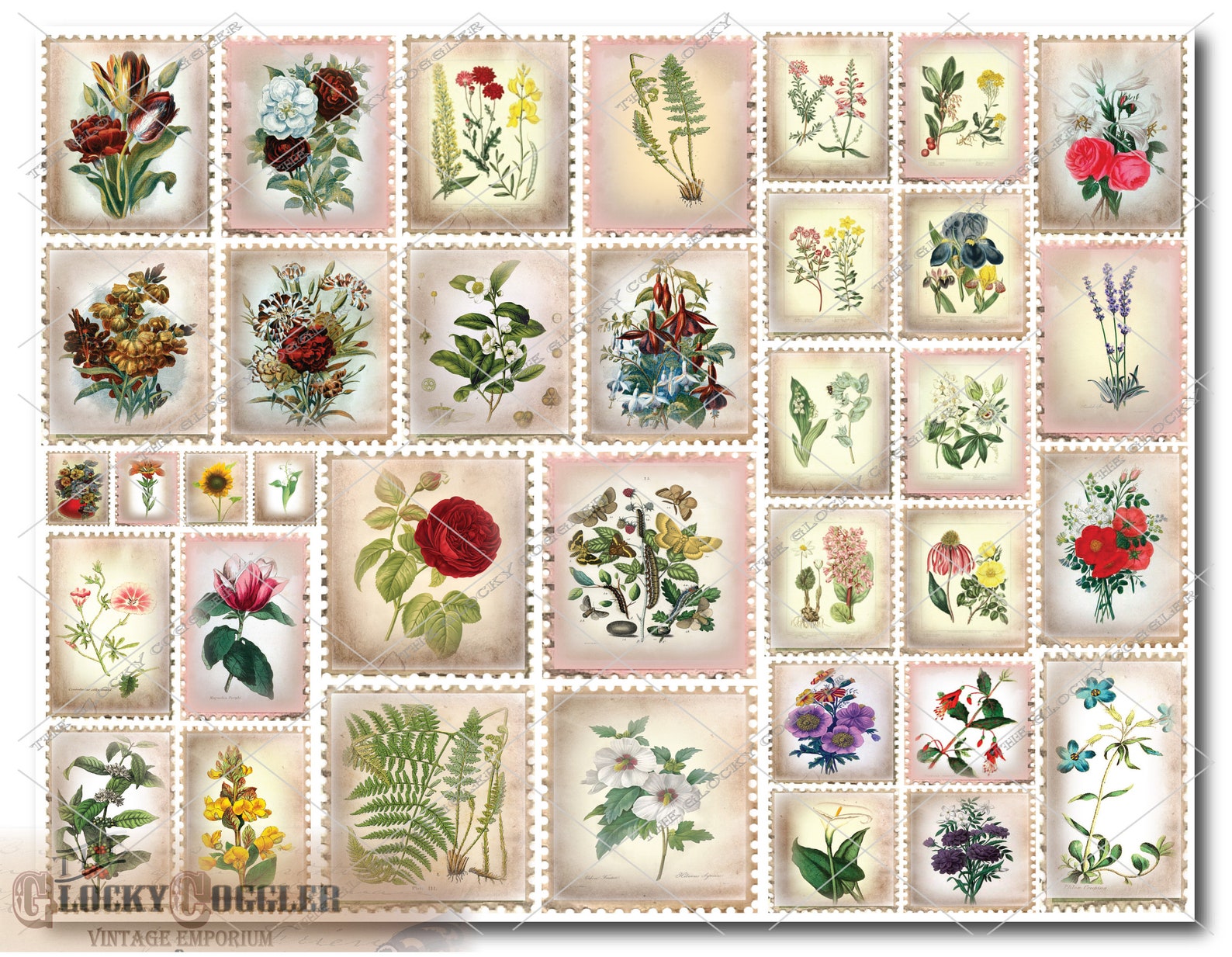 36 Botanical Stamps Printable JPG File Aged Created Journal | Etsy
