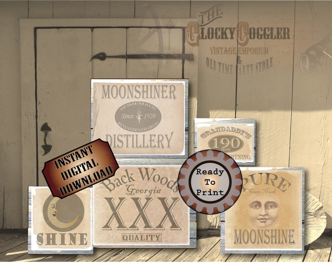 5 MOONSHINE Bootlegger Crate Labels Printable Prohibition Speakeasy ...