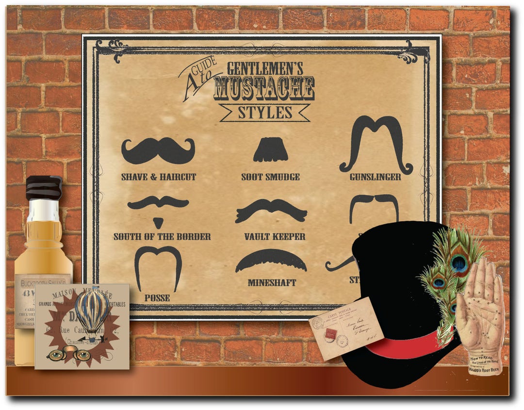 Guide to Mustache Styles Poster Printable 11x14 Barber Shop Steampunk ...