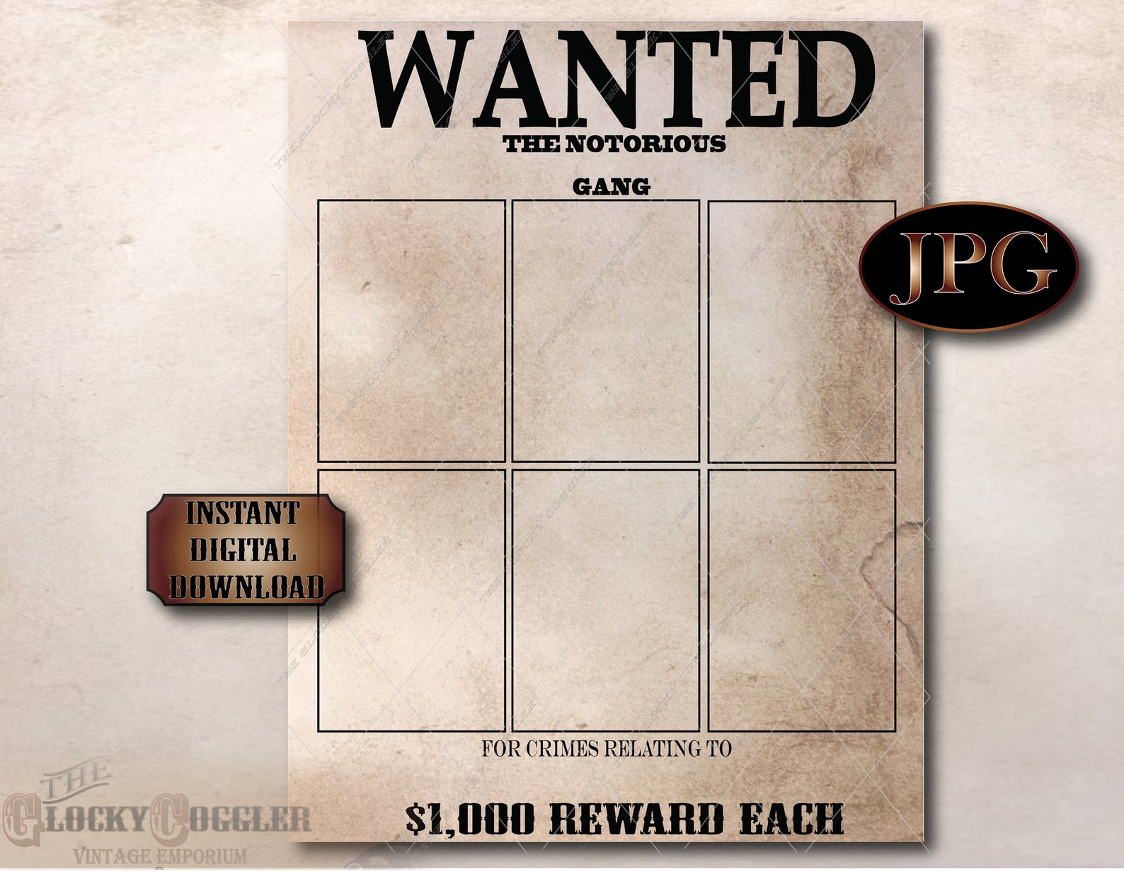 6 Gang WANTED Sign Printable ~ 2.5x3.5" Blank Pictures Area ...