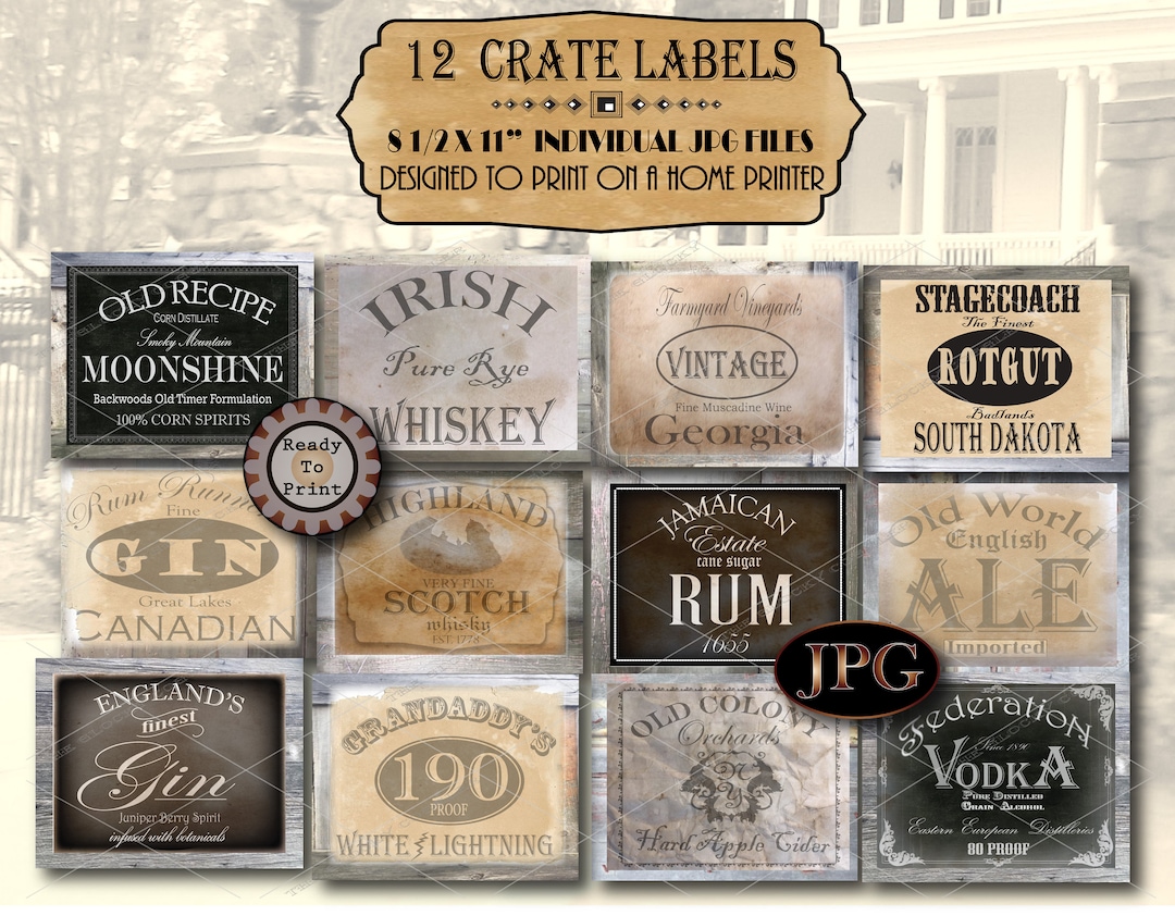 12 Prohibition Bootlegger Crate Labels JPG Set ~ 8.5X11 Speakeasy ...
