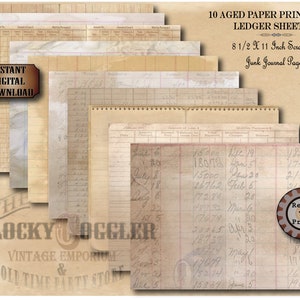 10 Aged Ledger Lined Sheets Printable Digital 8.5x11" Water & Coffee ...