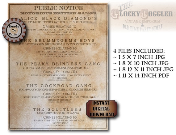 British Gang Newspaper Notice Printable 4 Files Aged | Etsy