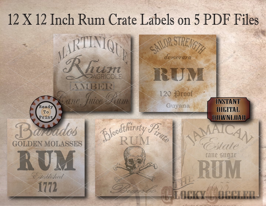 5 RUM Prohibition Crate Labels Printable Pdfs ~ 12x12" Aged Paper ...