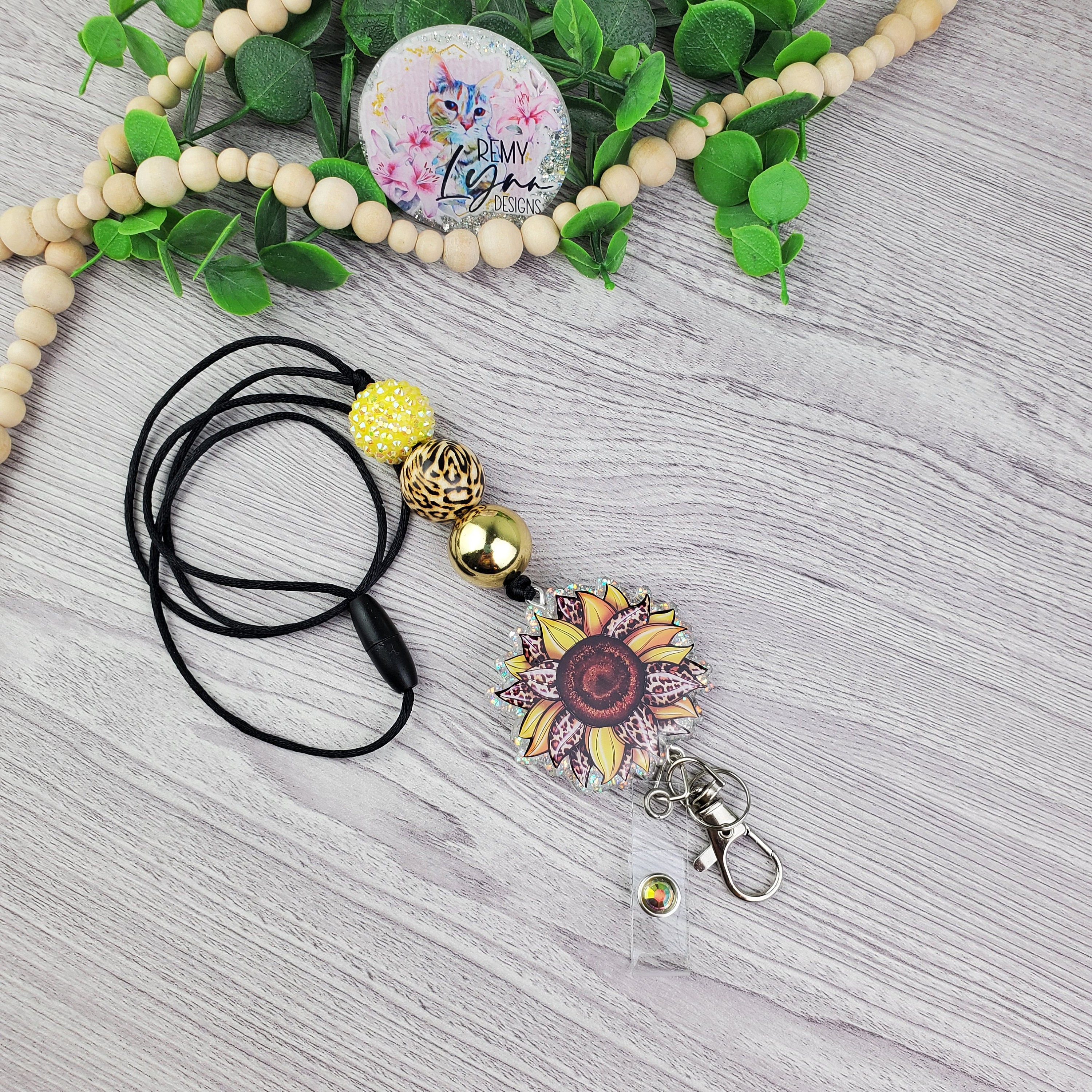 Glitter Badge Reel | Leopard Sunflower Lanyard | Key Ring | ID Holder ...
